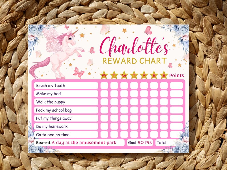 EDITABLE Reward Chart Girls Butterfly,unicorn Behavior Reward Chart for ...