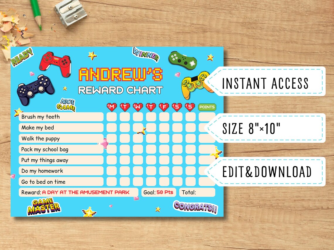 EDITABLE Video Game Reward Chart,chore Chart for Kids,joysticks ...