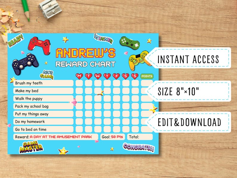EDITABLE Video Game Reward Chart,chore Chart for Kids,joysticks ...