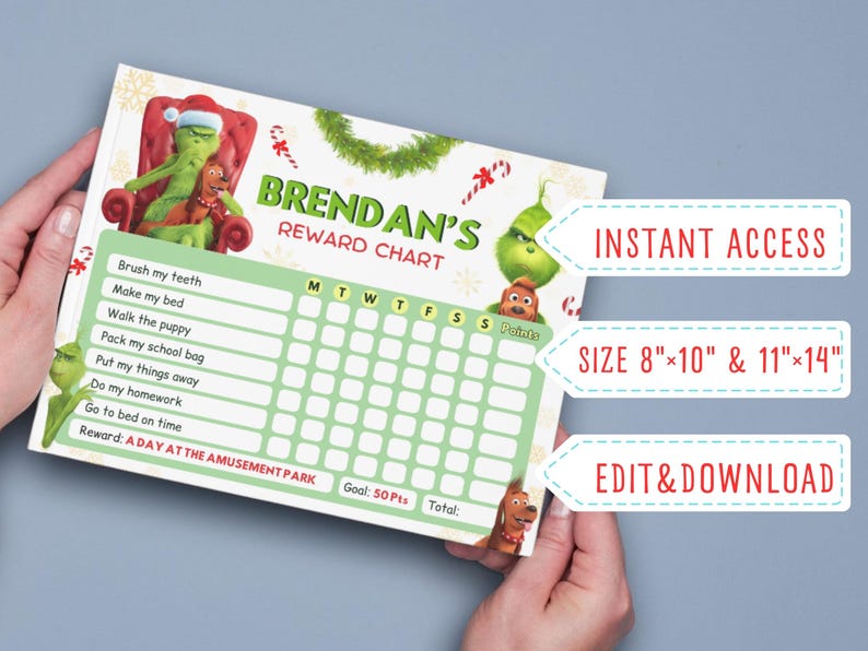 EDITABLE Reward Chart Grinch,behavior Reward Chart for Kids,grinch ...