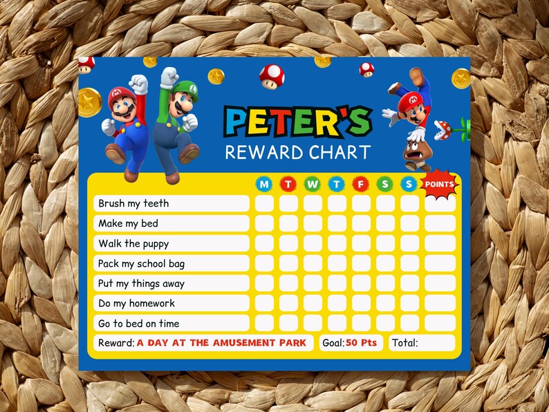 EDITABLE Reward Chart Super Mario,behavior Reward Chart for Kids,mario ...