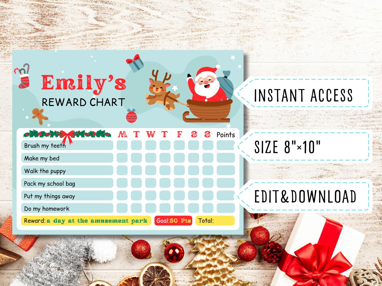 EDITABLE Christmas Reward Chart,new Year's Behavior Chart,santa Chore ...