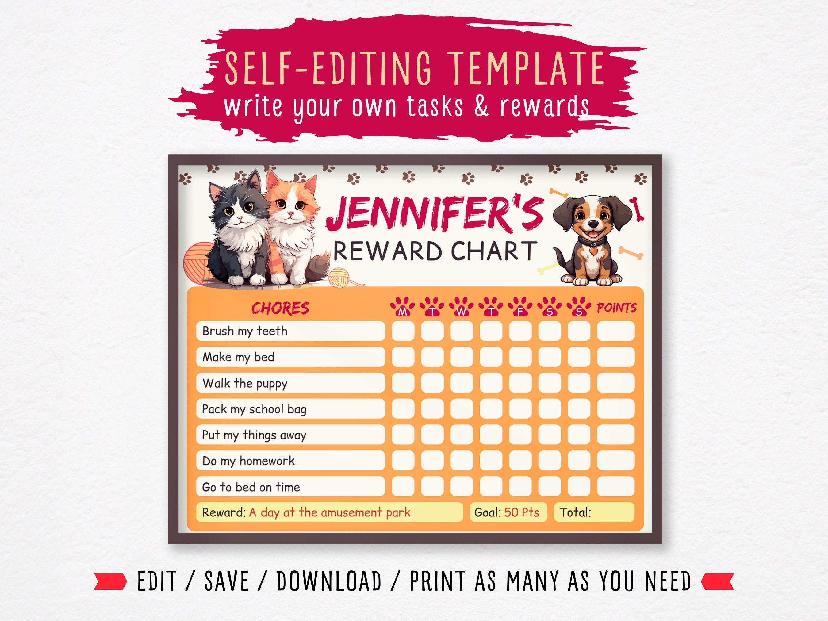 EDITABLE Puppy Kitten Reward Chart, Animals Behavior Chart, Cubs Chore ...
