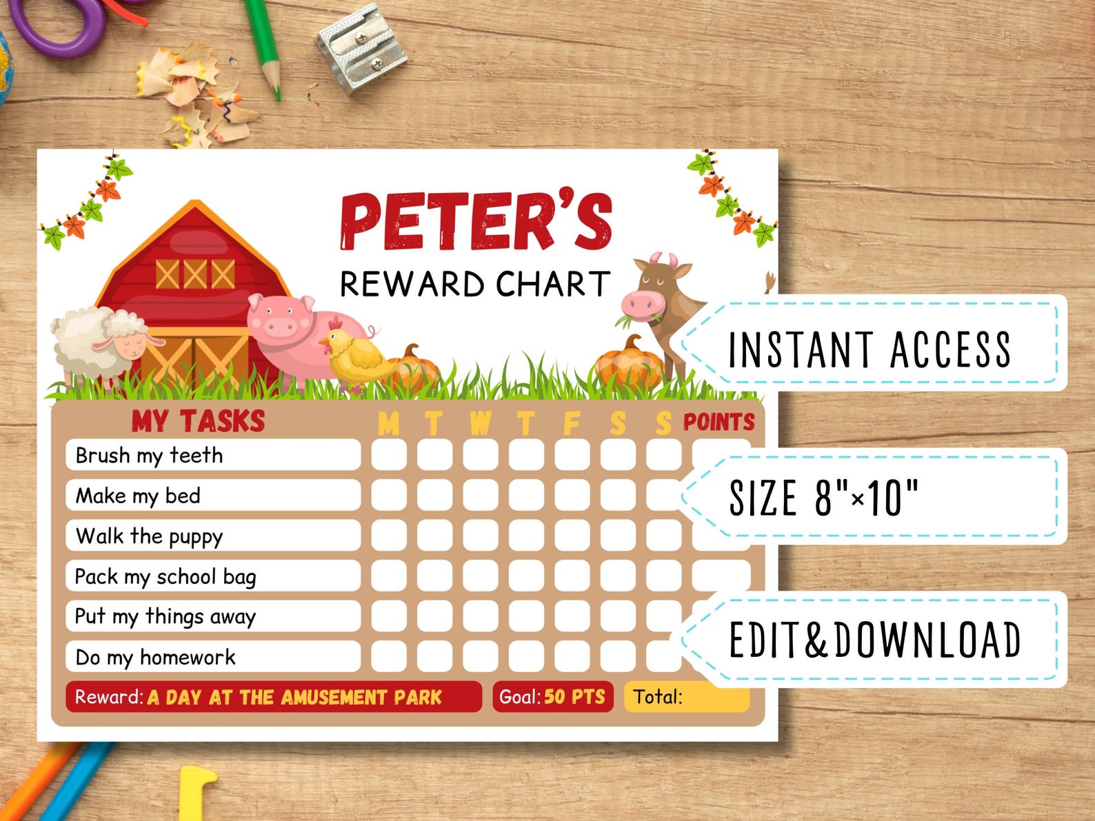 EDITABLE Farm Animals Reward Chart for Kids,girl Farm Routine Chart ...