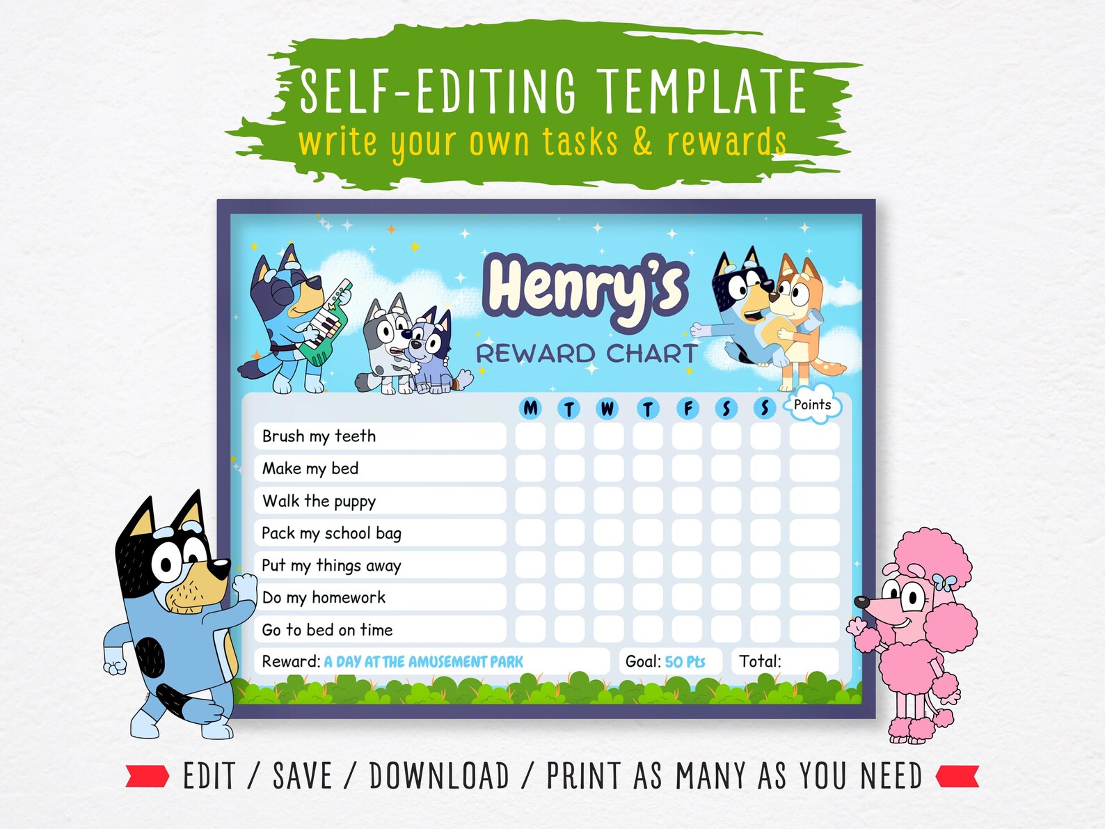 EDITABLE Reward Chart Bluey,behavior Reward Chart for Kids,blue Puppy ...
