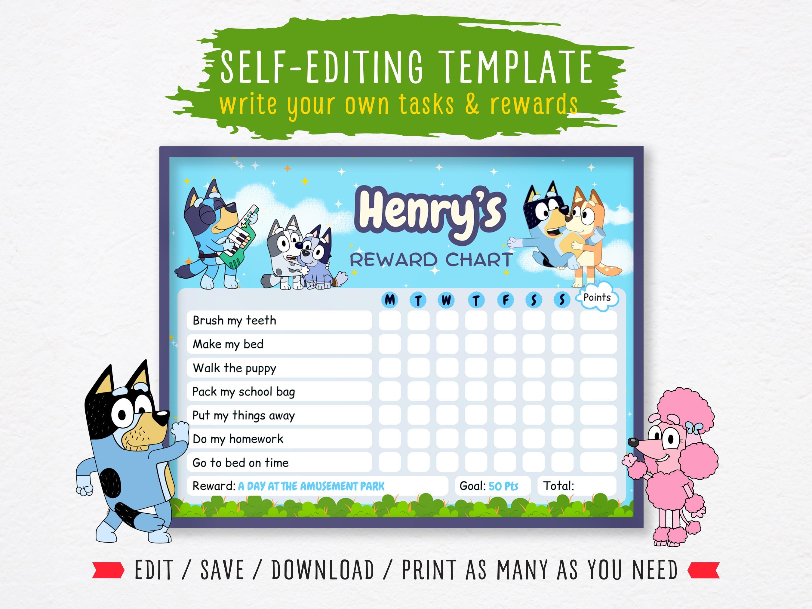 EDITABLE Reward Chart Bluey,behavior Reward Chart for Kids,blue Puppy ...