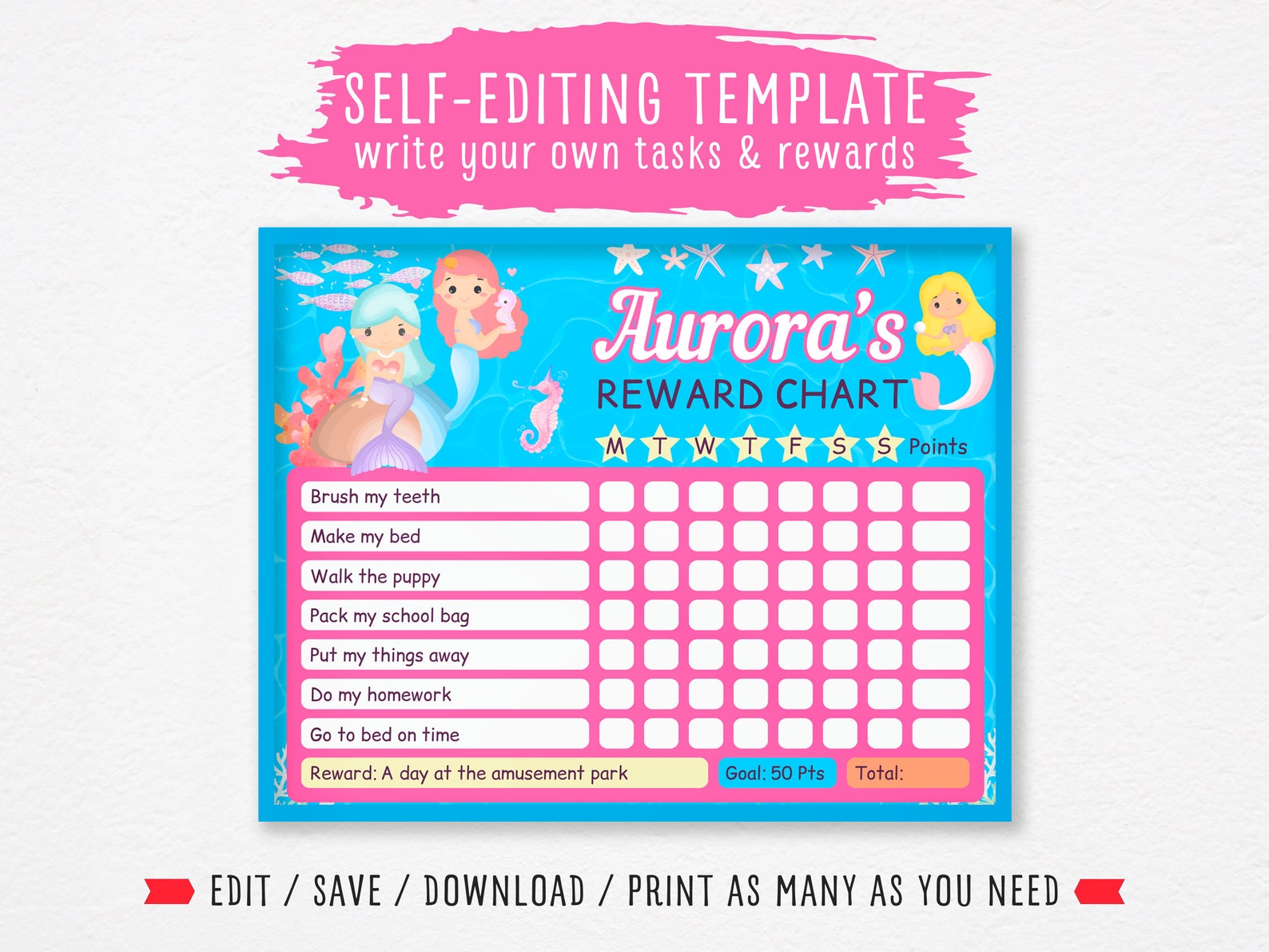 EDITABLE Mermaid Reward Chart, Sea World Behavior Chart, Little Mermaid ...