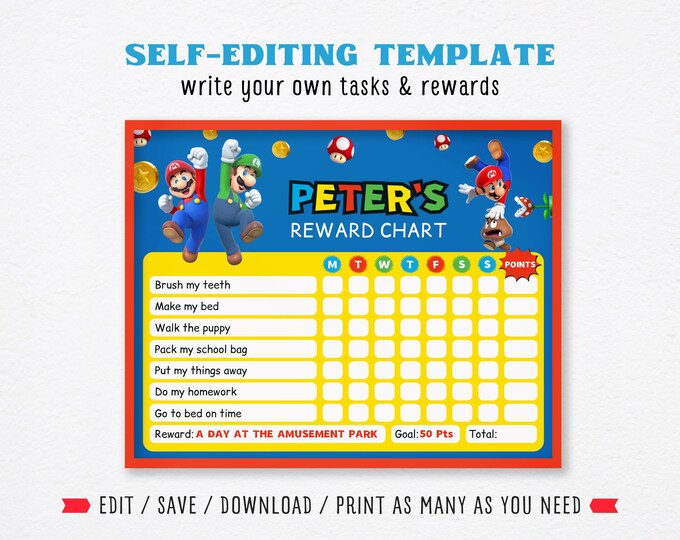 SUPER MARIO Reward Chart | Printable Mario Behavior Chart | Daily Chore ...