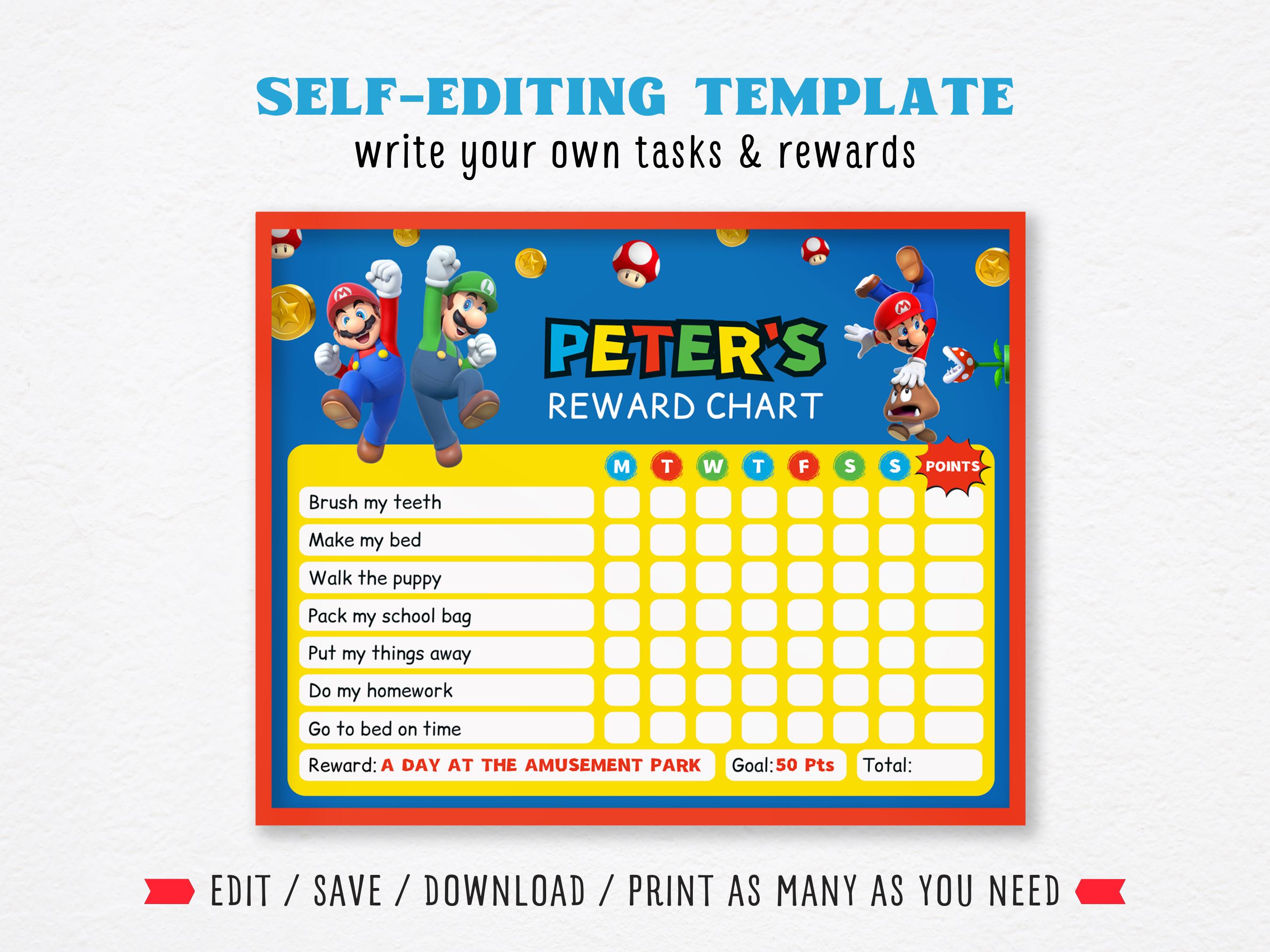 EDITABLE Reward Chart Super Mario,behavior Reward Chart for Kids,mario ...