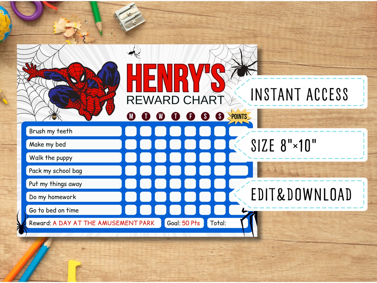 EDITABLE Reward Chart Spiderman, Behavior Reward Chart for Kids, Spidey ...