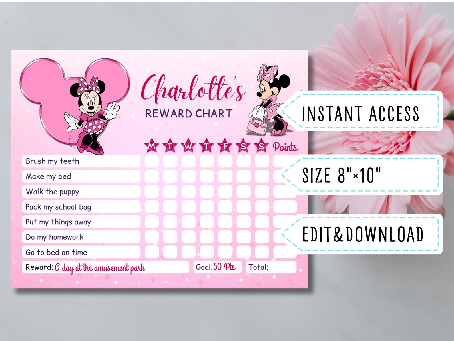 EDITABLE Reward Chart Minnie Mouse,behavior Reward Chart for Girls ...