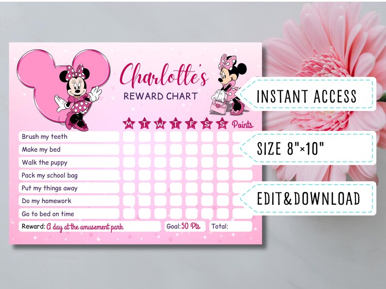 EDITABLE Reward Chart Minnie Mouse,behavior Reward Chart for Girls ...