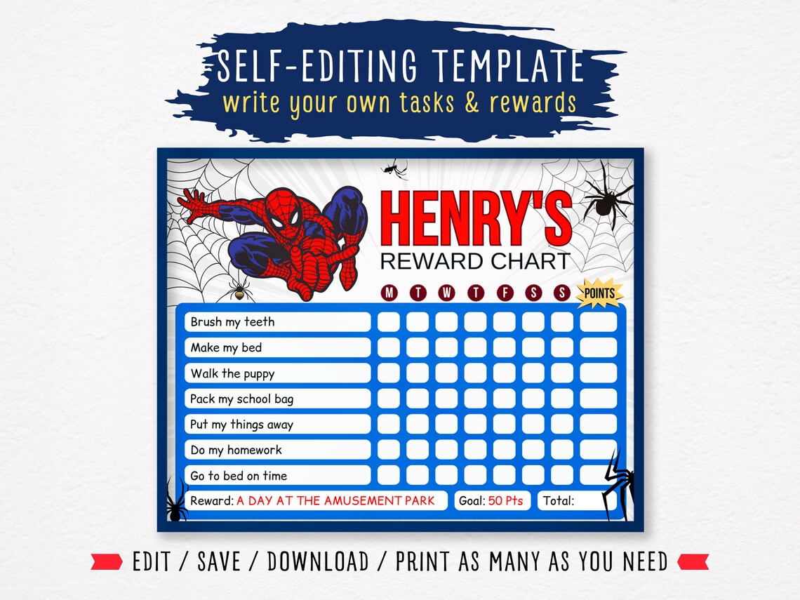 EDITABLE Reward Chart Spiderman, Behavior Reward Chart for Kids, Spidey ...