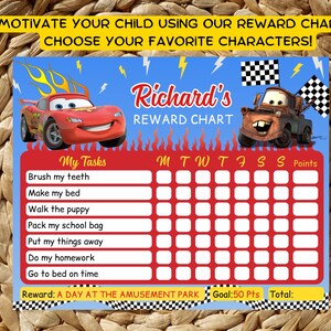 EDITABLE Reward Chart Cars Pixar,reward Chart for Kids,lightning ...