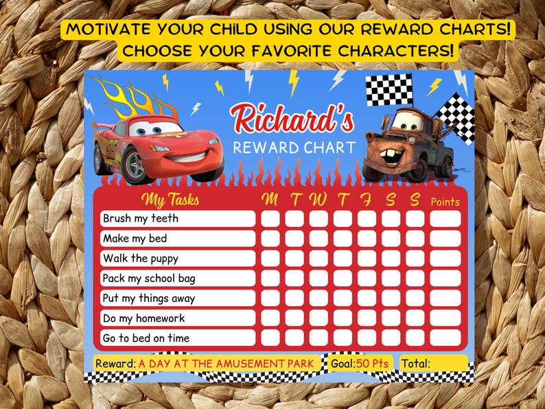 EDITABLE Reward Chart Cars Pixar,reward Chart for Kids,lightning ...