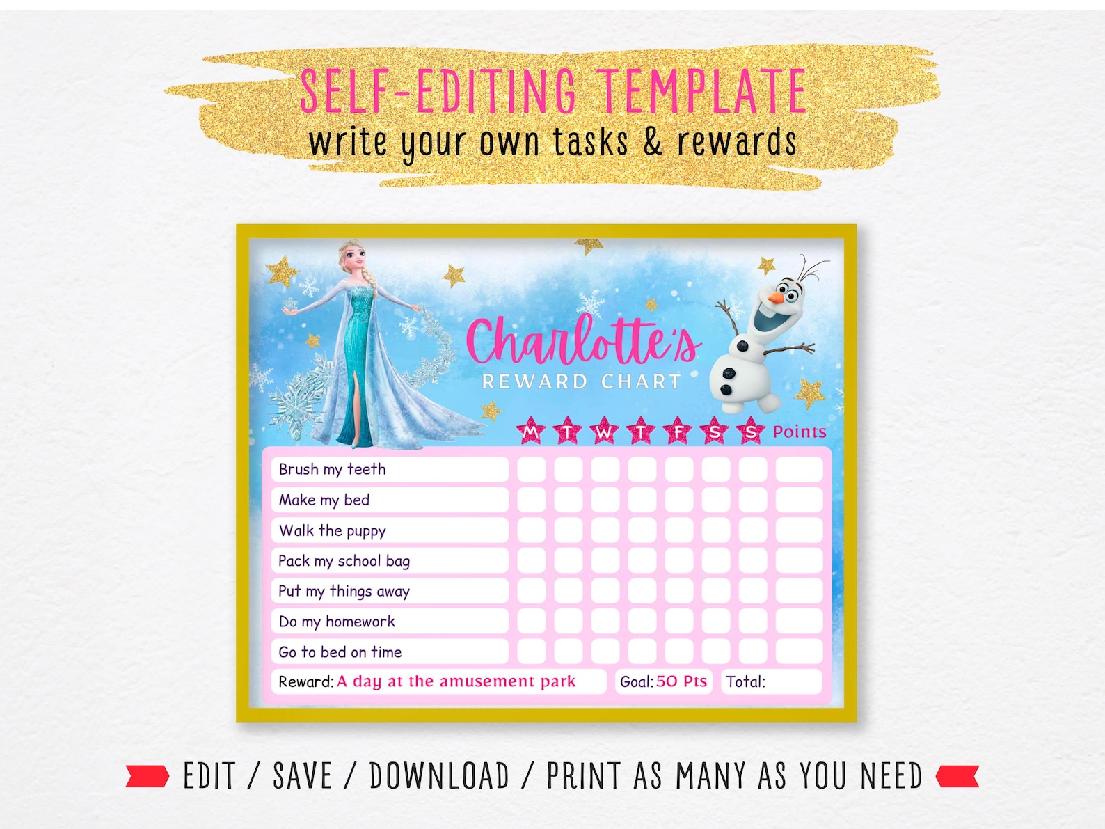 EDITABLE Reward Chart Frozen,behavior Reward Chart for Girls,chore ...