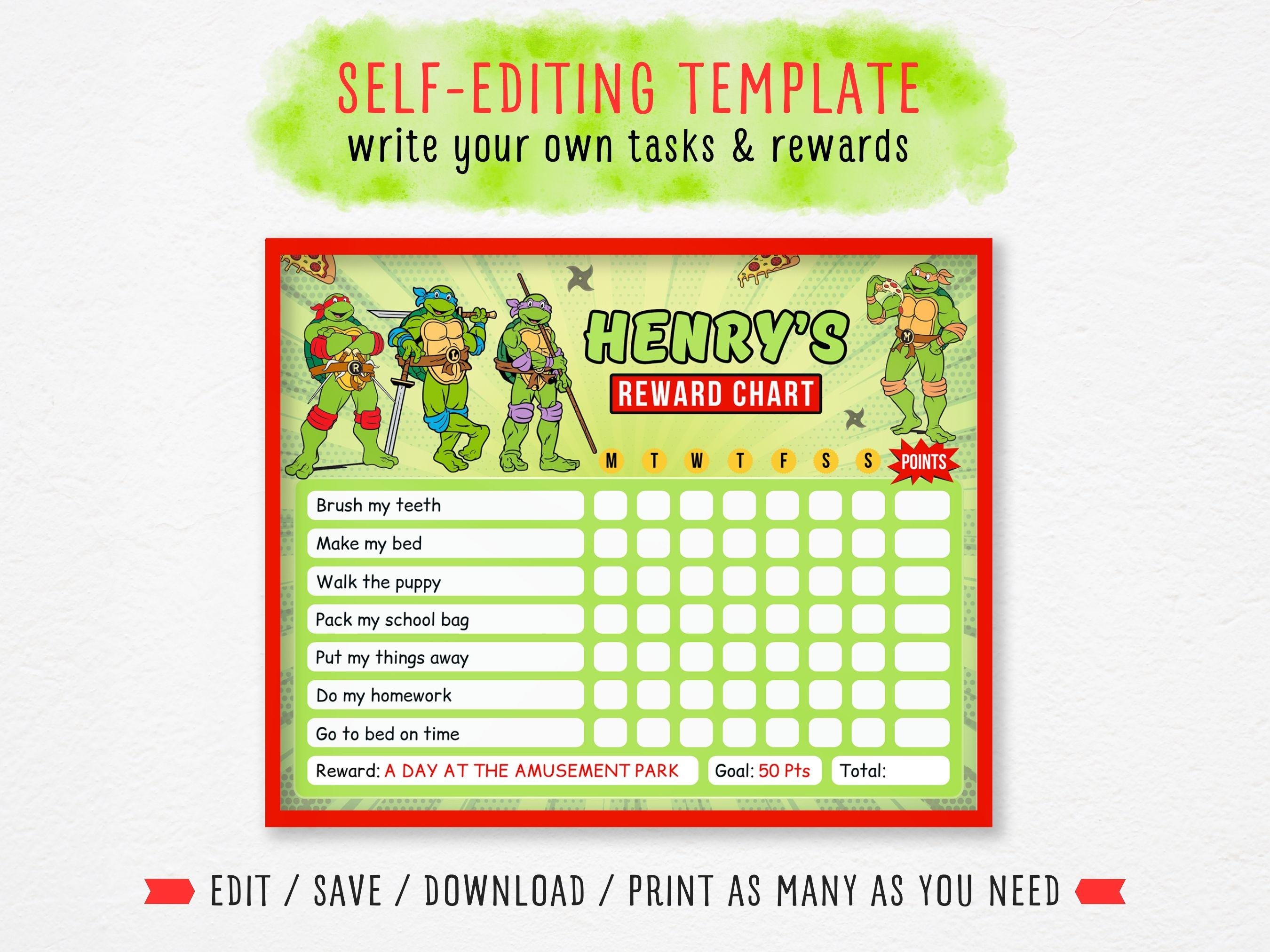 EDITABLE Reward Chart Ninja Turtles,teenage Mutant Ninja Turtles ...