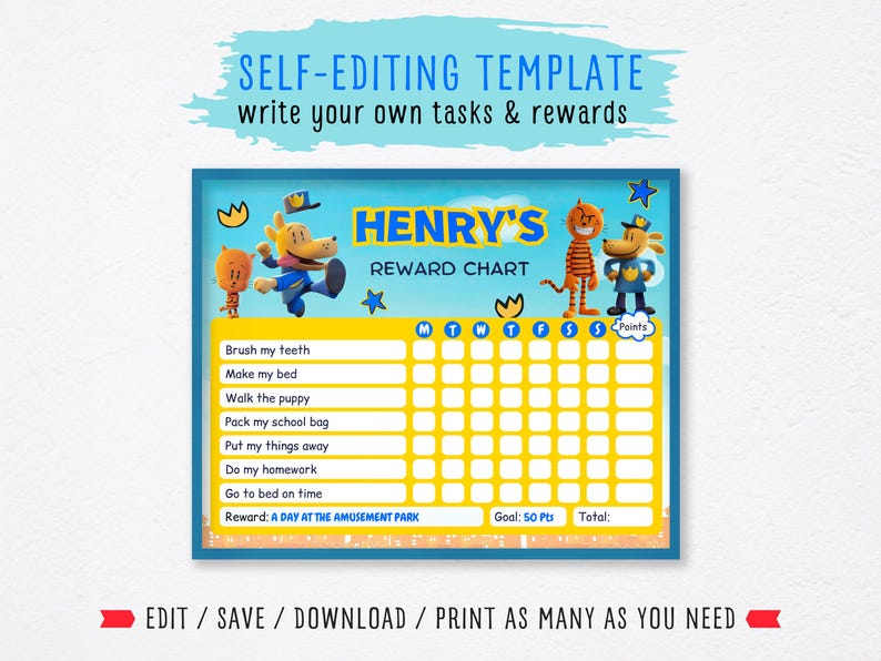 EDITABLE Reward Chart Dog Man,behavior Reward Chart for Kids,dogman ...