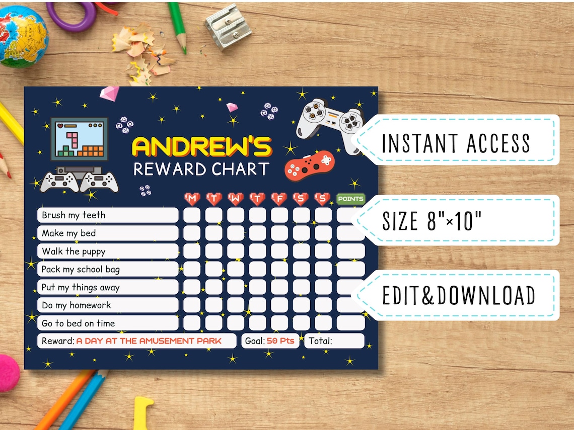 EDITABLE Video Game Reward Chart,chore Chart for Kids,joysticks ...