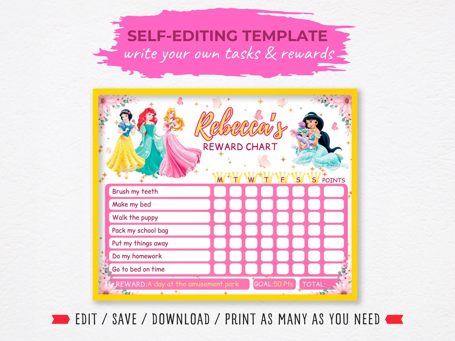 EDITABLE Reward Chart Girls Princess,behavior Reward Chart for Girls ...