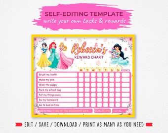 EDITABLE Reward Chart Girls Princess,behavior Reward Chart for Girls ...