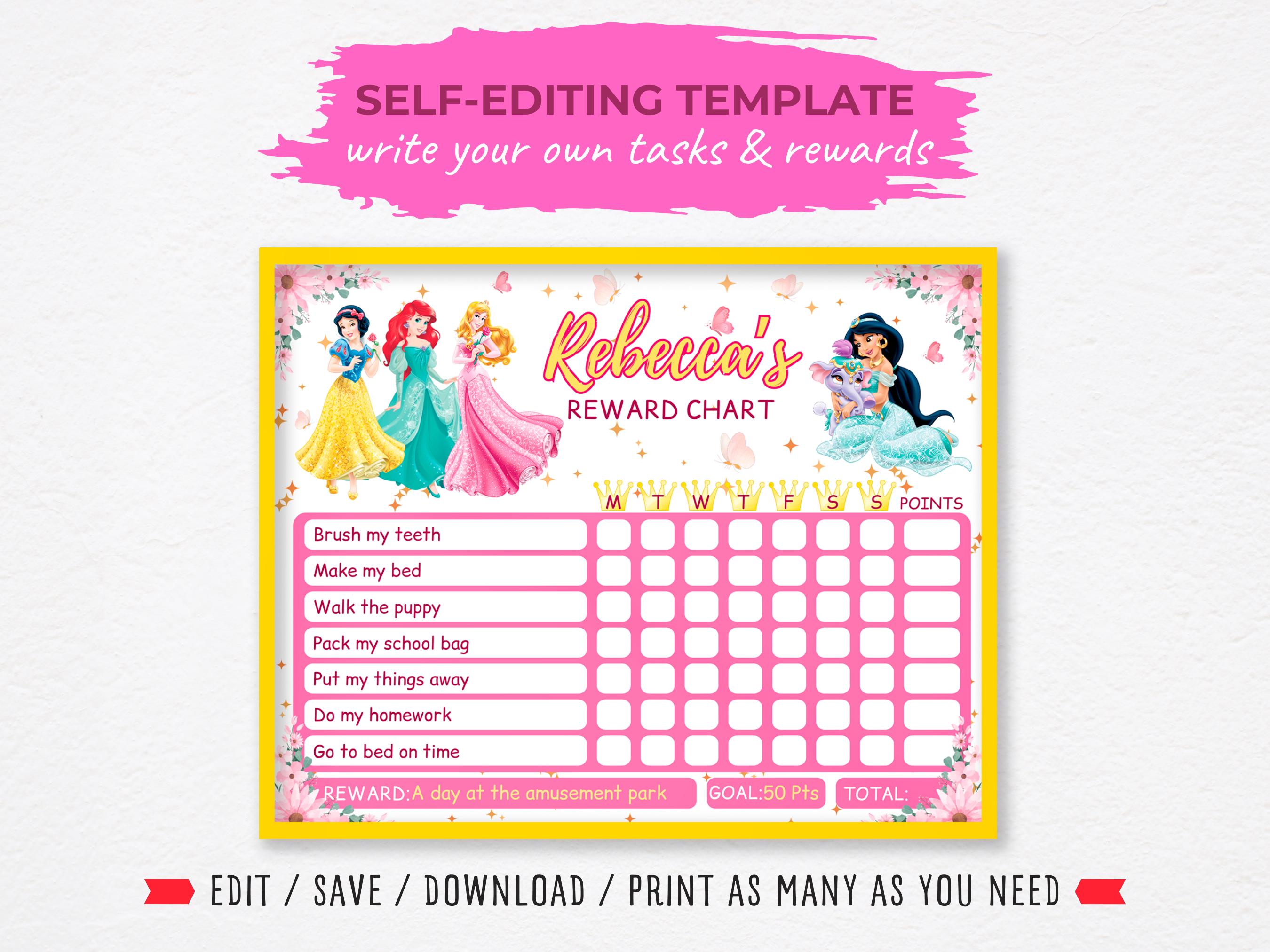 EDITABLE Reward Chart Girls Princess,behavior Reward Chart for Girls ...