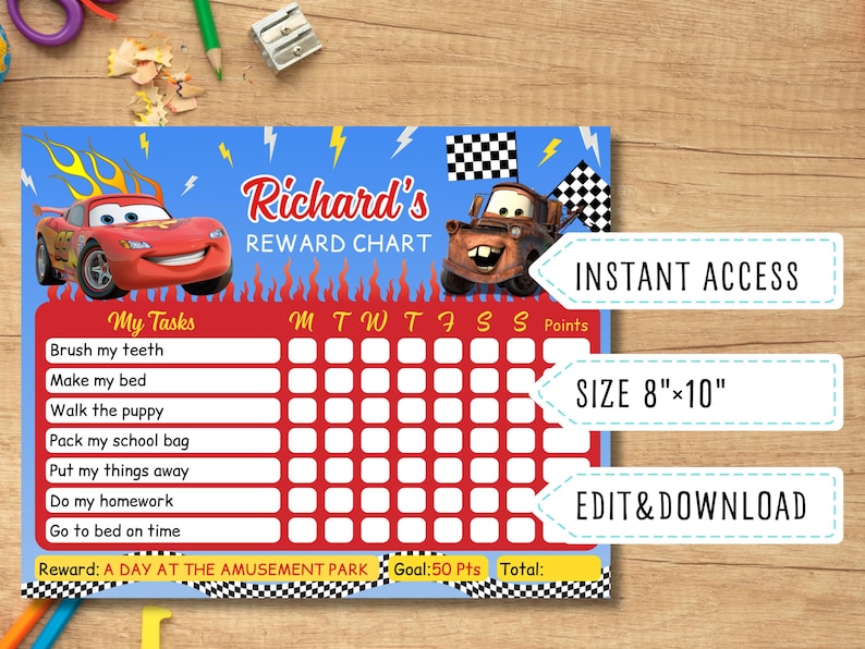 EDITABLE Reward Chart Cars Pixar,reward Chart for Kids,lightning ...