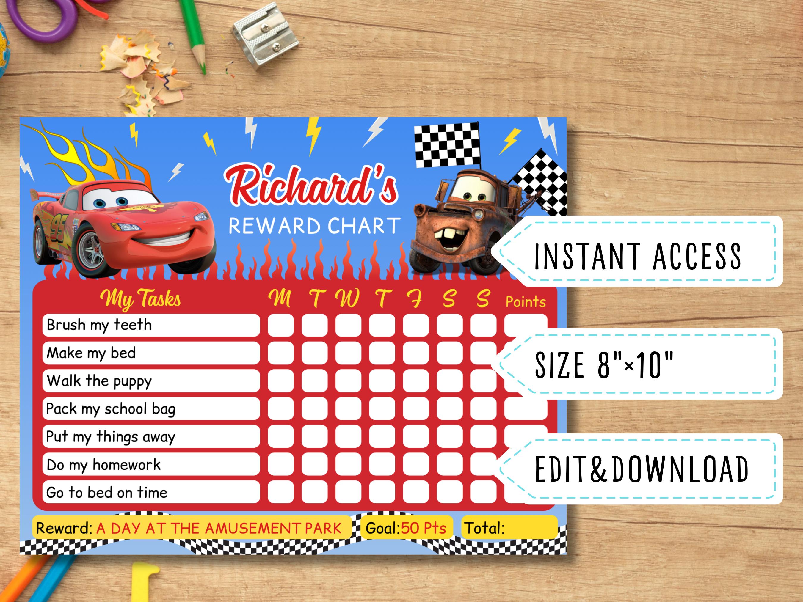 EDITABLE Reward Chart Cars Pixar,reward Chart for Kids,lightning ...