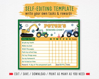 EDITABLE Construction Reward Chart, Chore Chart, Behavior Chart, Boys ...