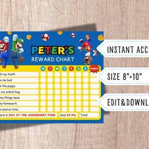 EDITABLE Reward Chart Super Mario,behavior Reward Chart for Kids,mario ...