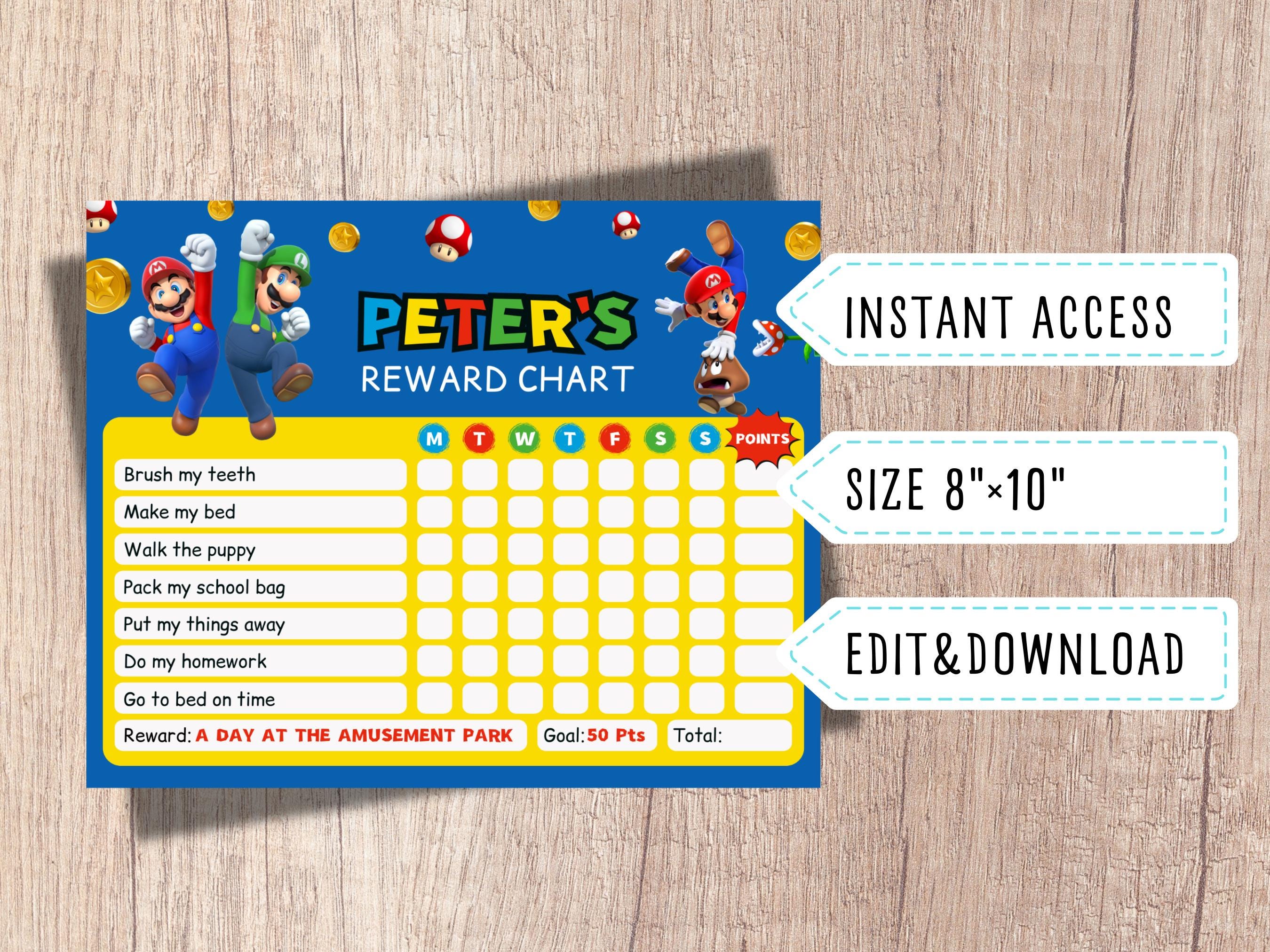 EDITABLE Reward Chart Super Mario,behavior Reward Chart for Kids,mario ...