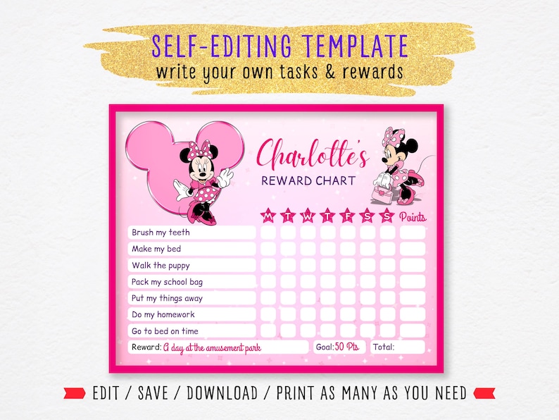 EDITABLE Reward Chart Minnie Mouse,behavior Reward Chart for Girls ...