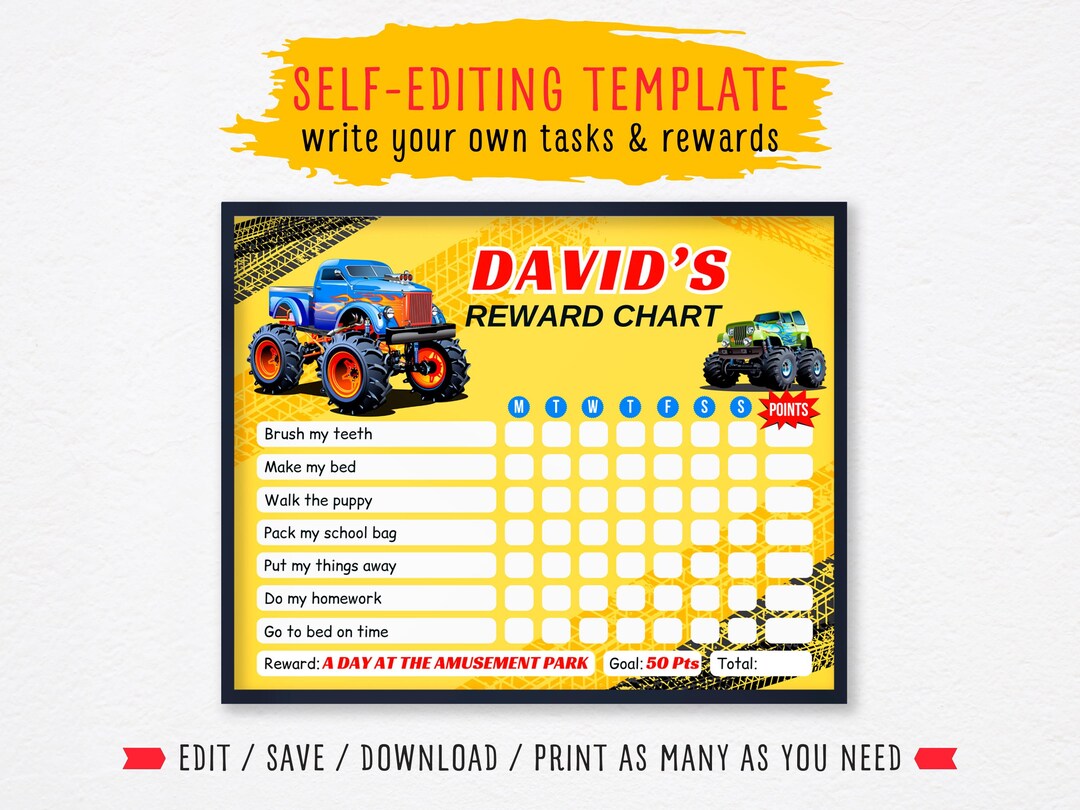 EDITABLE Reward Chart Monster Truck,behavior Reward Chart for Boys ...