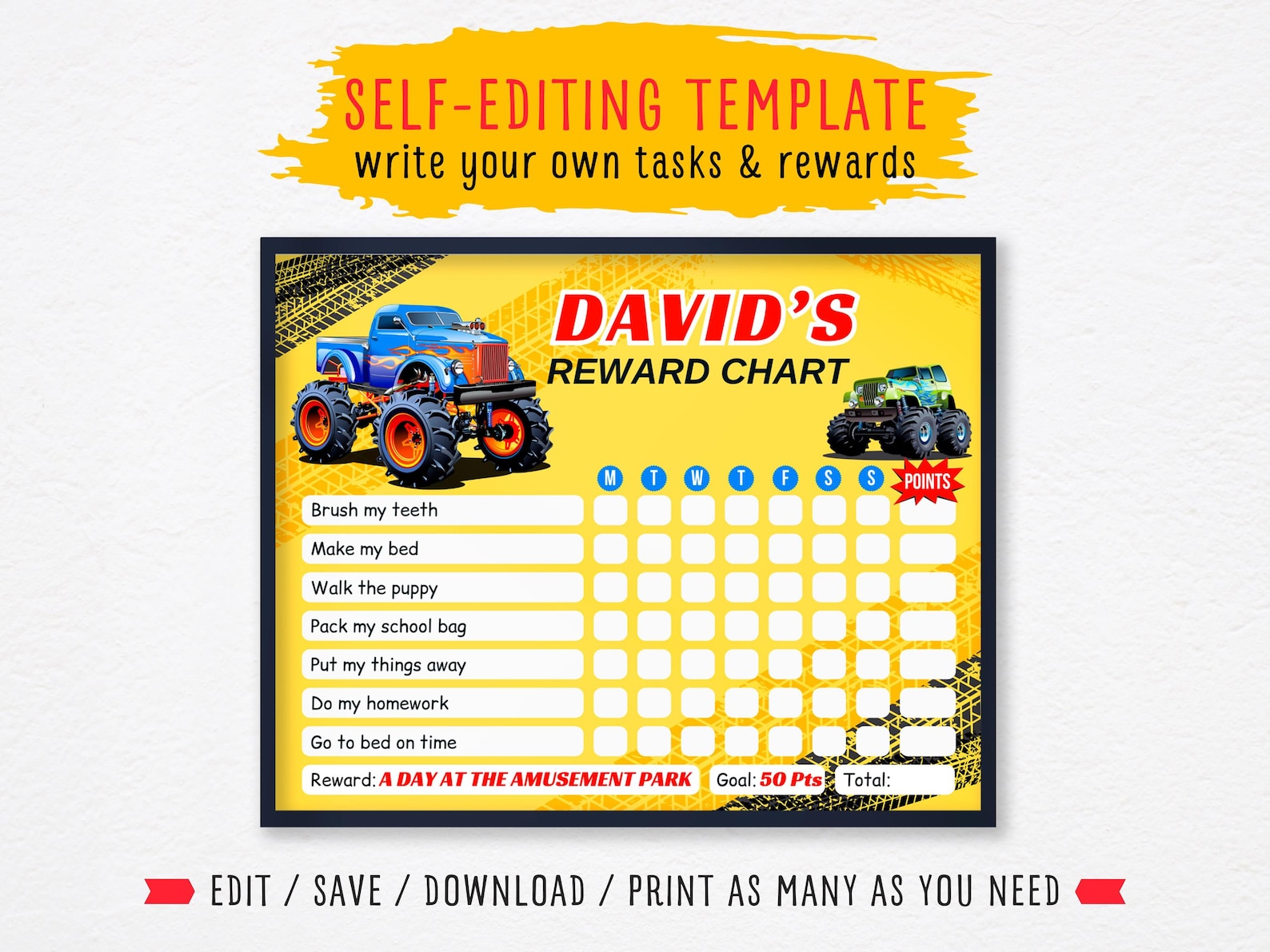 EDITABLE Reward Chart Monster Truck,behavior Reward Chart for Boys ...