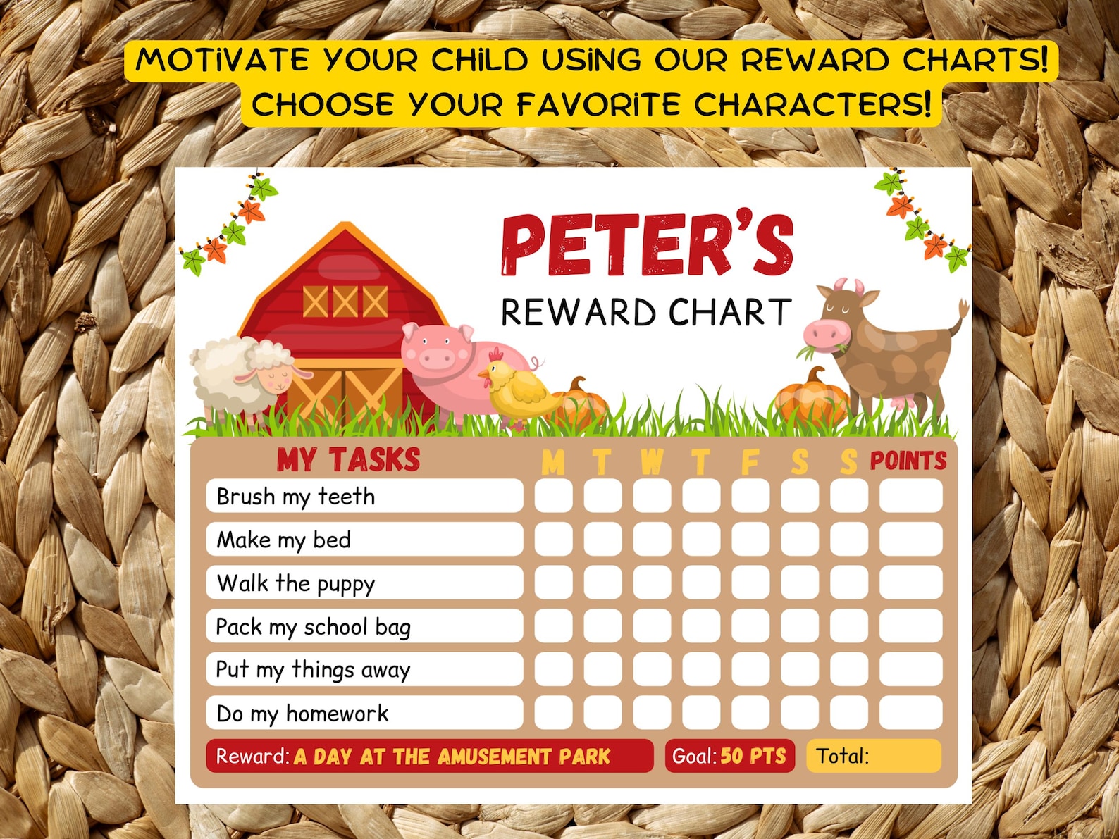 EDITABLE Farm Animals Reward Chart for Kids,girl Farm Routine Chart ...