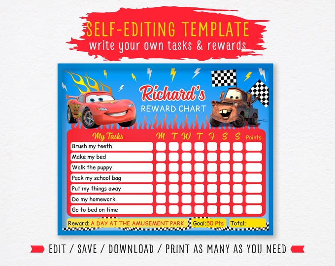 EDITABLE Reward Chart Cars Pixar,reward Chart for Kids,lightning ...