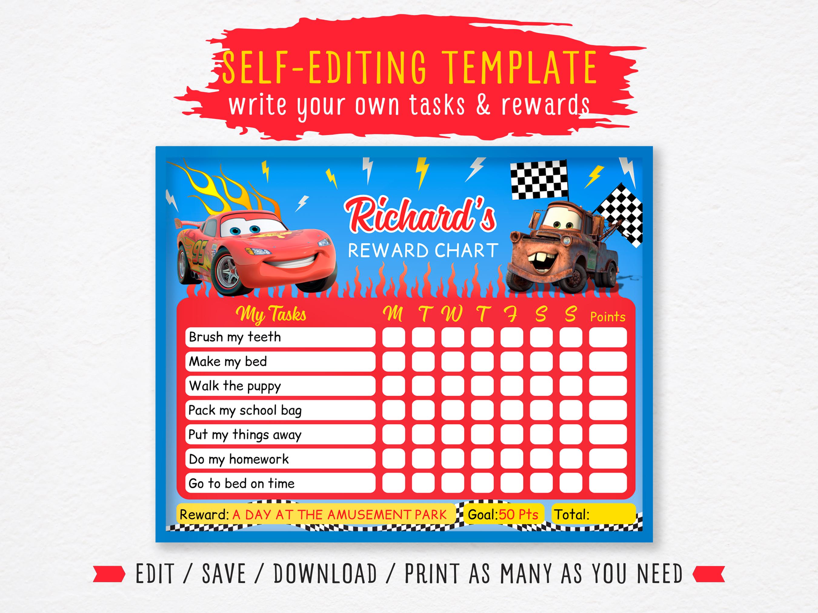 EDITABLE Reward Chart Cars Pixar,reward Chart for Kids,lightning ...
