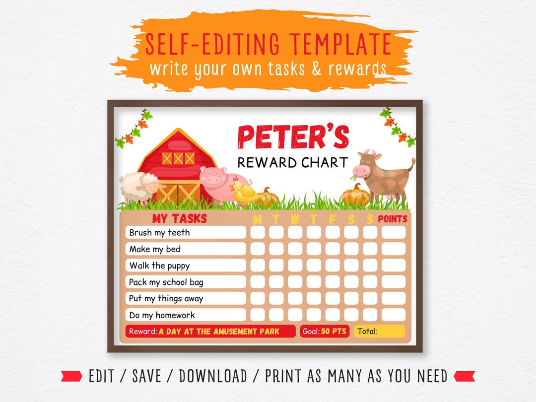 EDITABLE Farm Animals Reward Chart for Kids,girl Farm Routine Chart ...