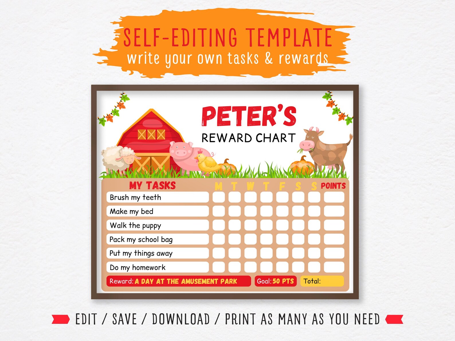 EDITABLE Farm Animals Reward Chart for Kids,girl Farm Routine Chart ...