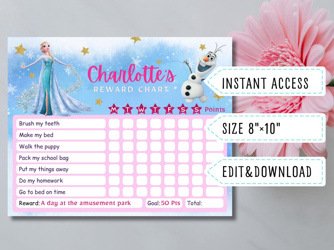 EDITABLE Reward Chart Frozen,behavior Reward Chart for Girls,chore ...