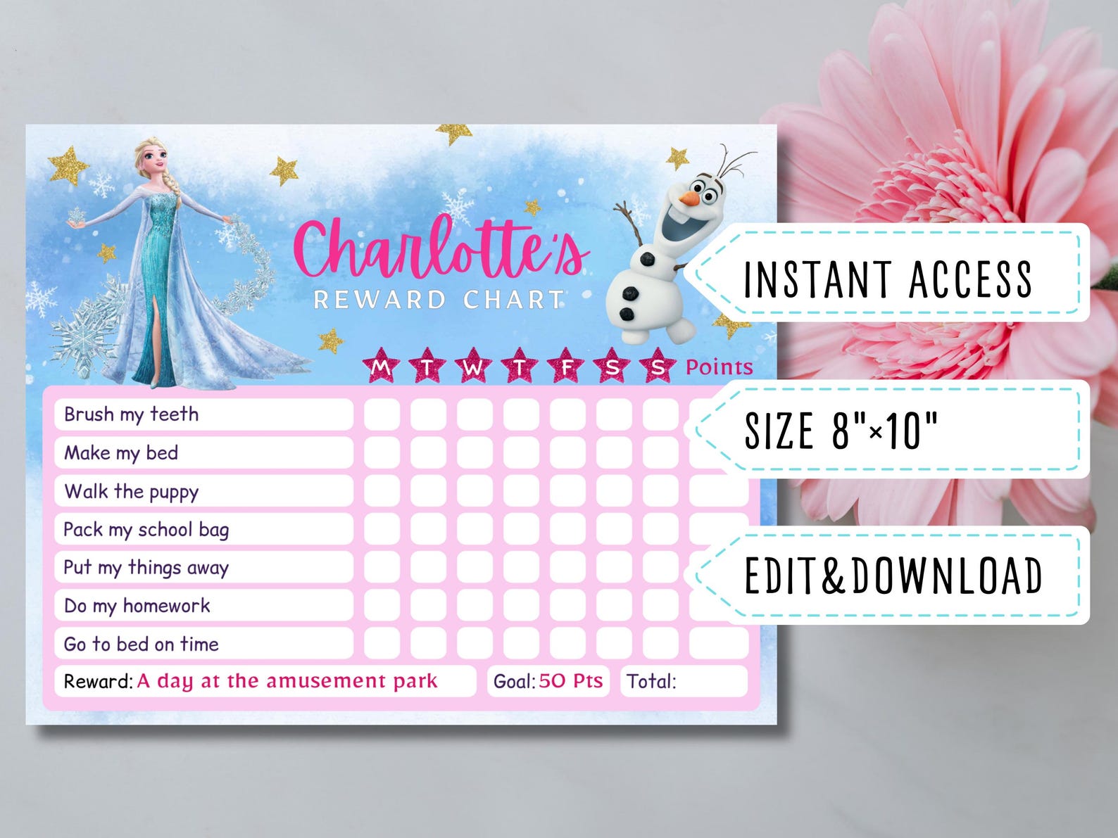 EDITABLE Reward Chart Frozen,behavior Reward Chart for Girls,chore ...