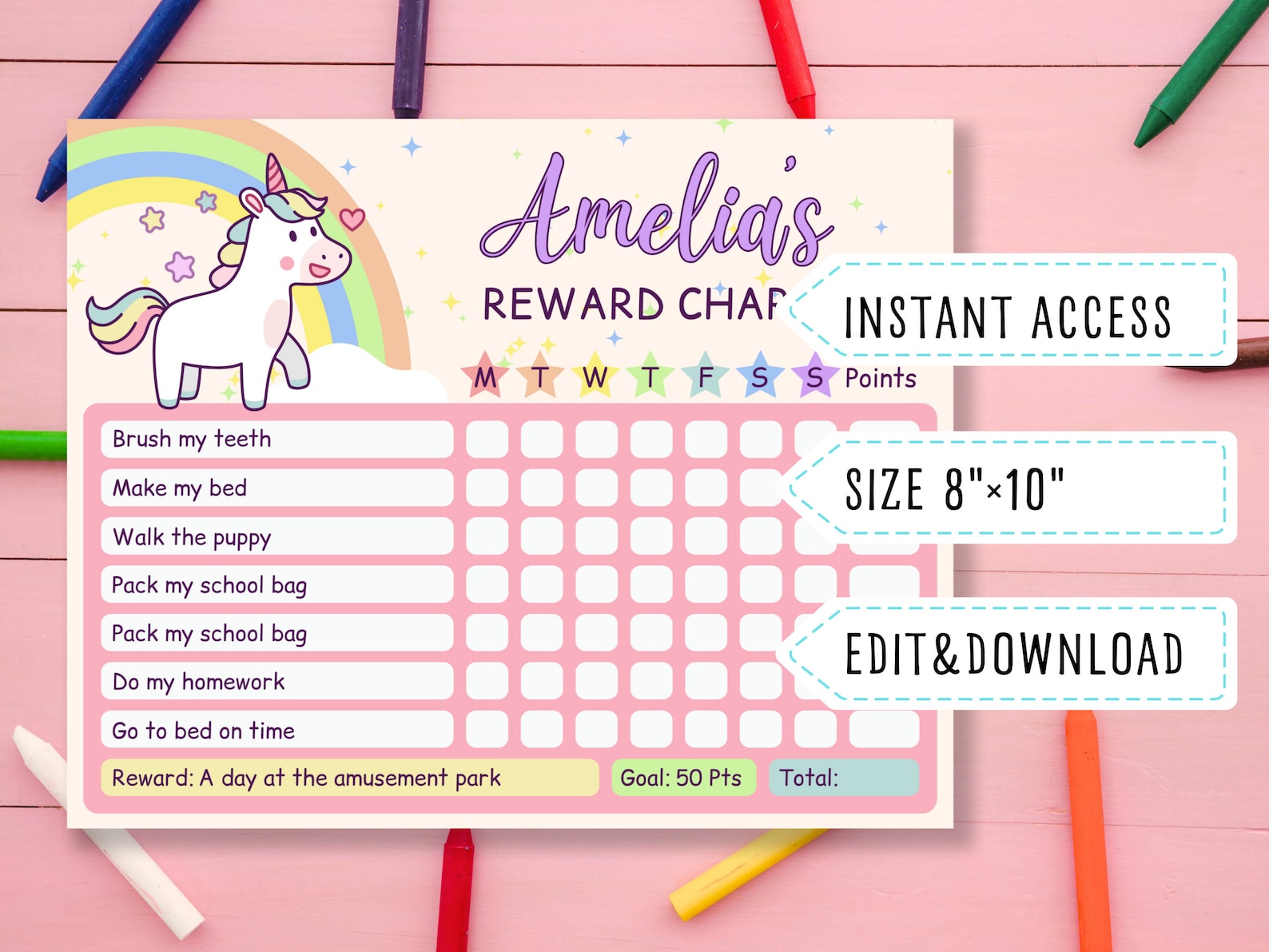 EDITABLE Unicorn Reward Chart, Unicorn Behavior Chart Girl, Pink&yellow ...