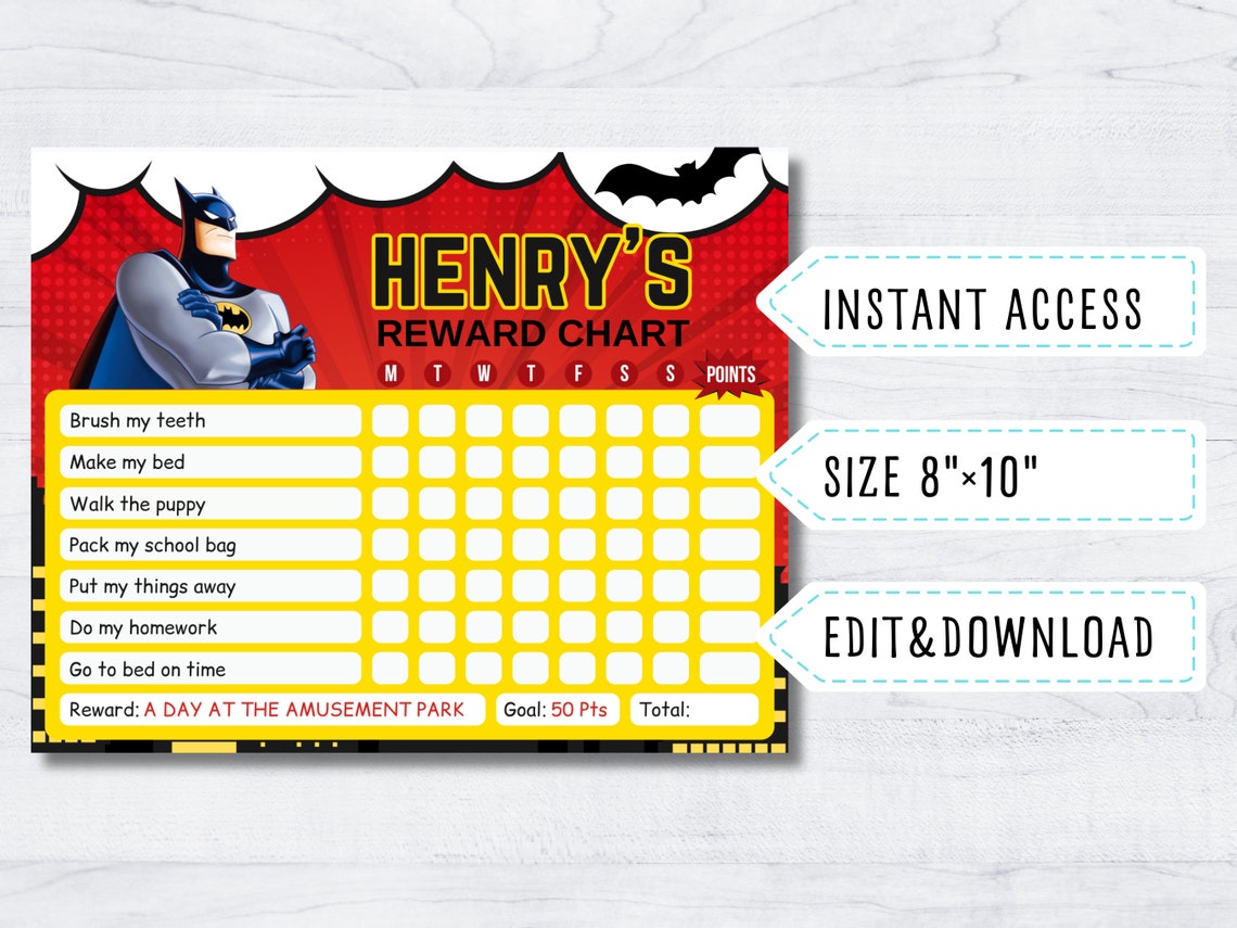EDITABLE Reward Chart Batman,behavior Chart for Kids,batmobile Chore ...