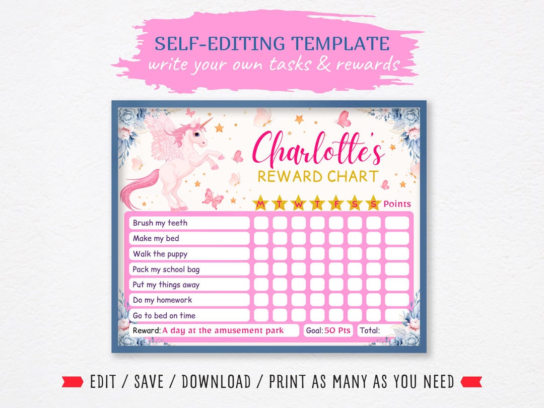 EDITABLE Reward Chart Girls Butterfly,unicorn Behavior Reward Chart for ...