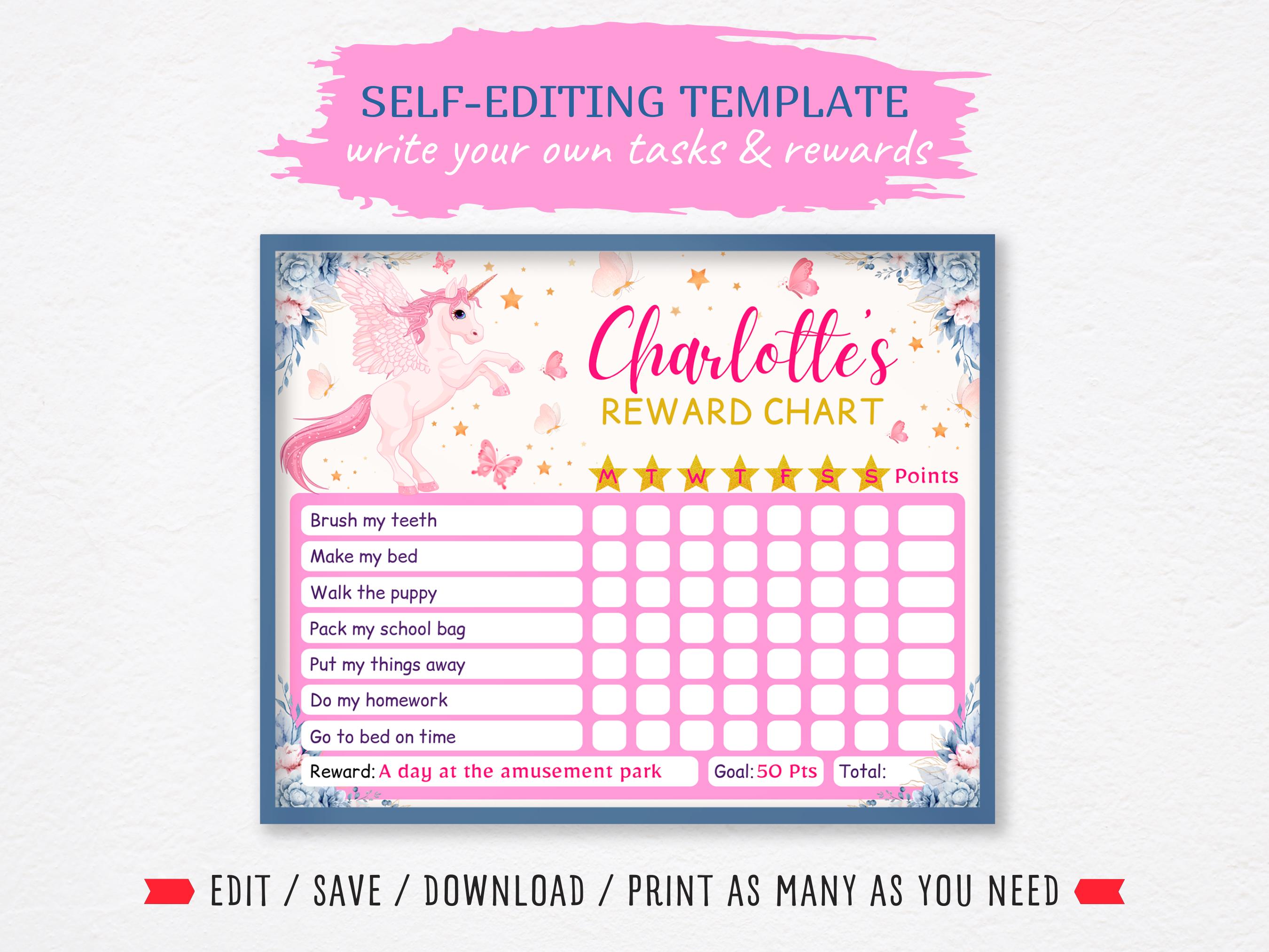 EDITABLE Reward Chart Girls Butterfly,unicorn Behavior Reward Chart for ...