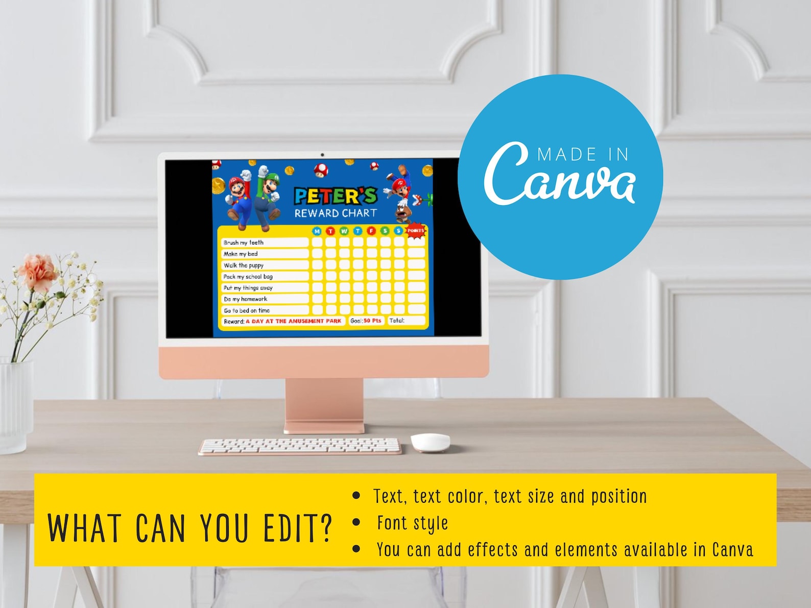 EDITABLE Reward Chart Super Mario,behavior Reward Chart for Kids,mario ...