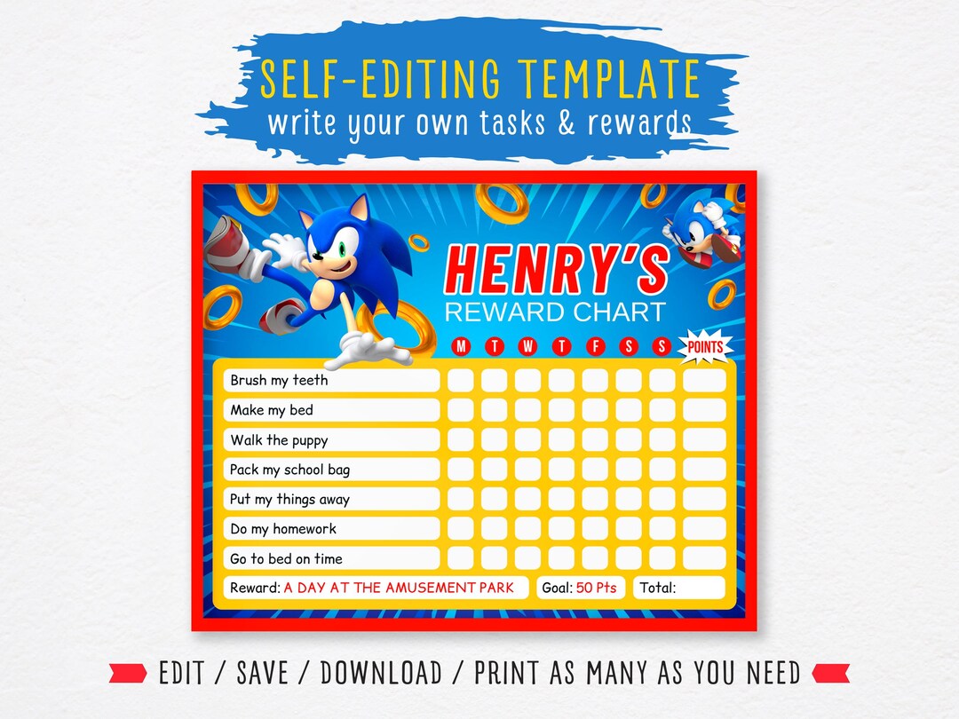 EDITABLE Reward Chart Sonic,behavior Reward Chart for Kids,sonic the ...