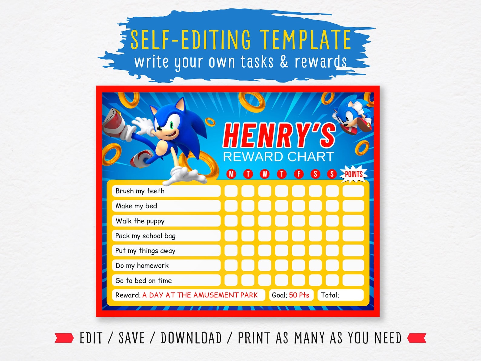 EDITABLE Reward Chart Sonic,behavior Reward Chart for Kids,sonic the ...