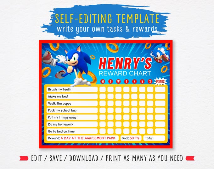 EDITABLE Reward Chart Sonic,behavior Reward Chart for Kids,sonic the ...