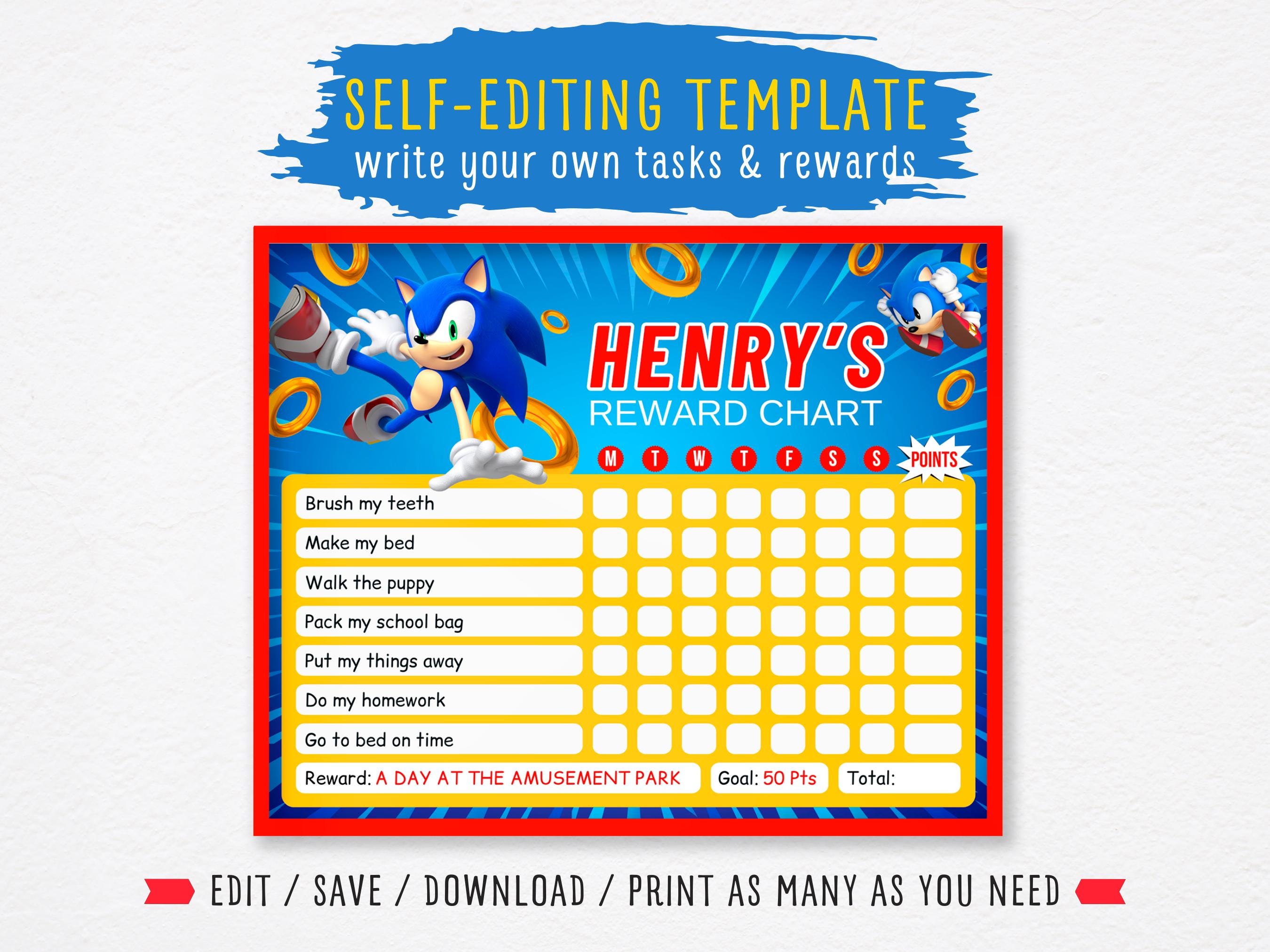EDITABLE Reward Chart Sonic,behavior Reward Chart for Kids,sonic the ...